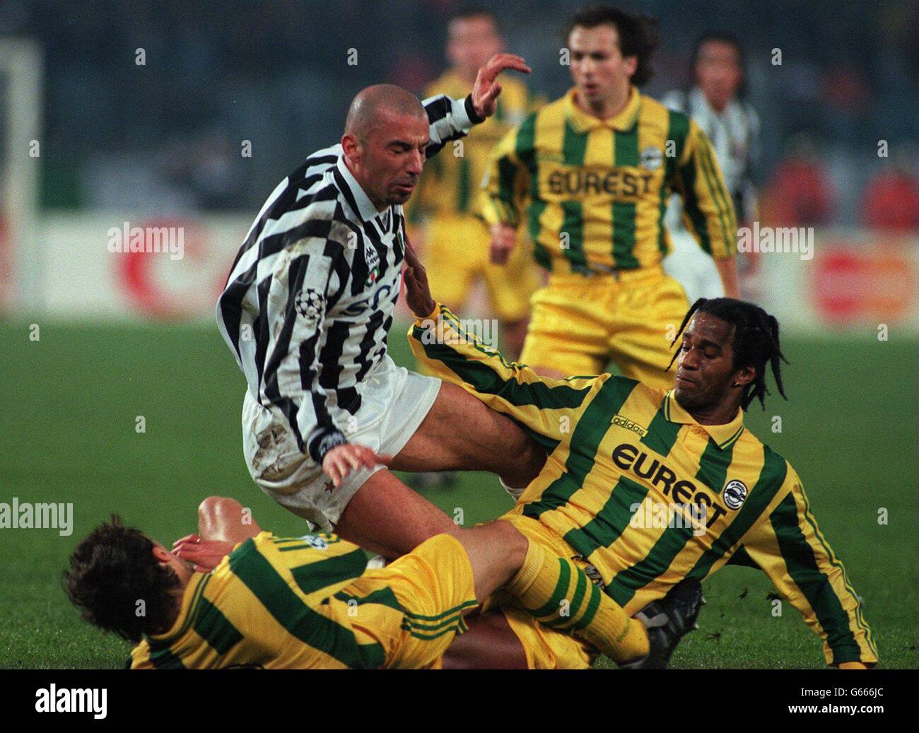 Gianluca vialli gets tackled by christophe pignol eddy action hi-res ...