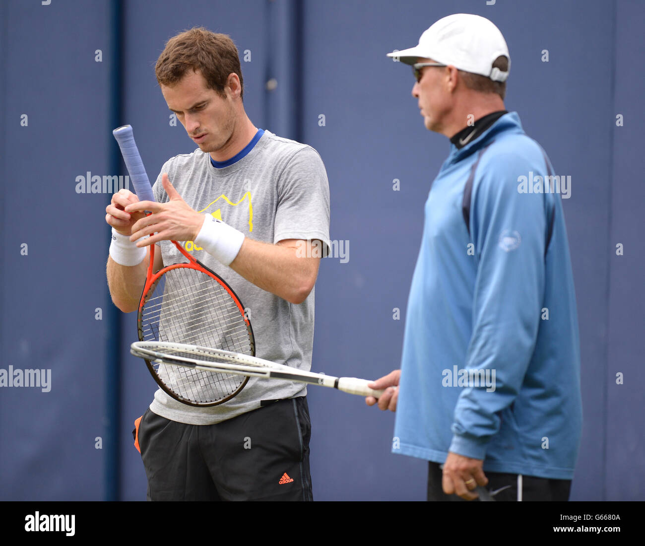 Great Britain's Andy Murray with coach Ivan Lendl (right) during a practice session on day two ...