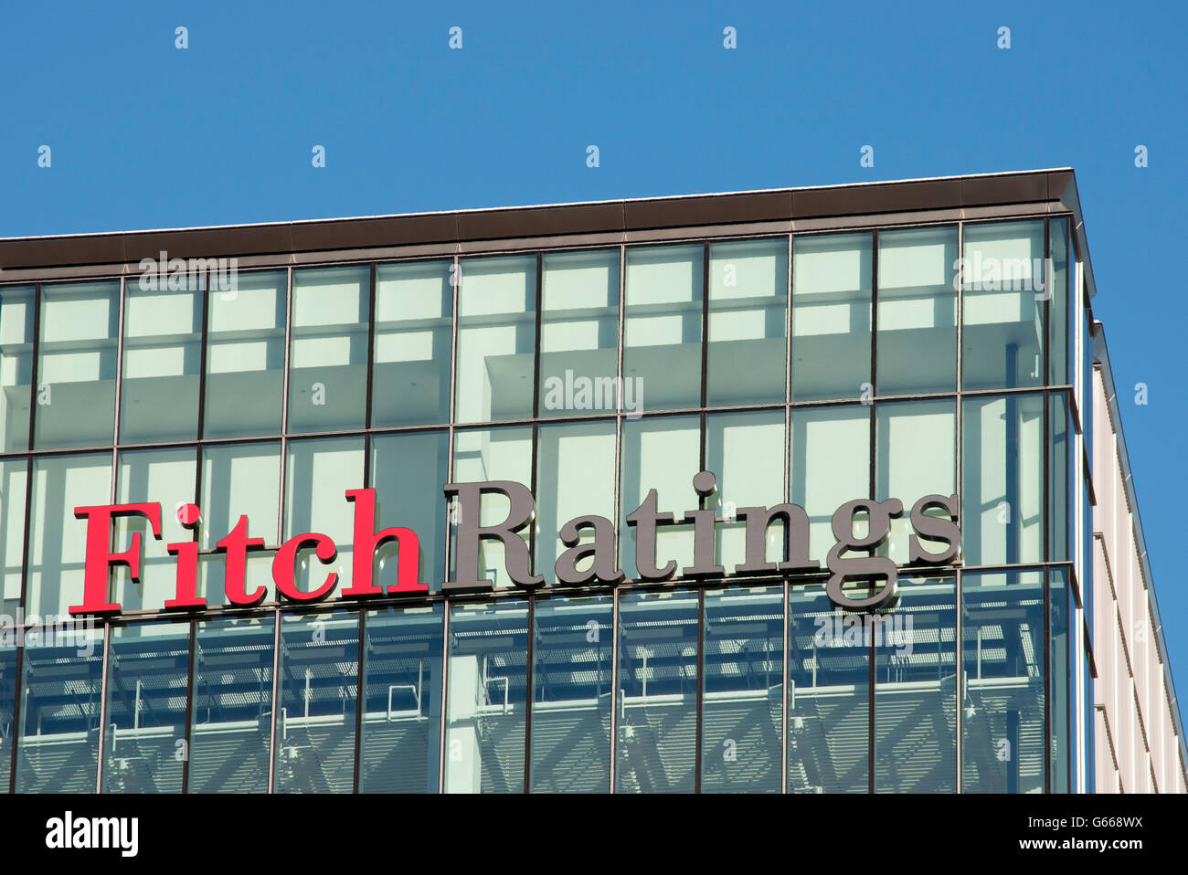 Fitch Ratings Agency logo on office tower at 30 North Colonnade, Canary ...