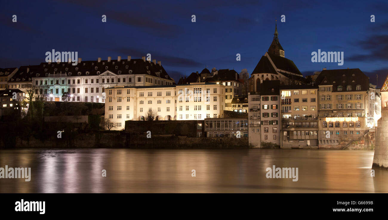 Historic town centre with St. Martin's Church, Rhine River, night shot ...