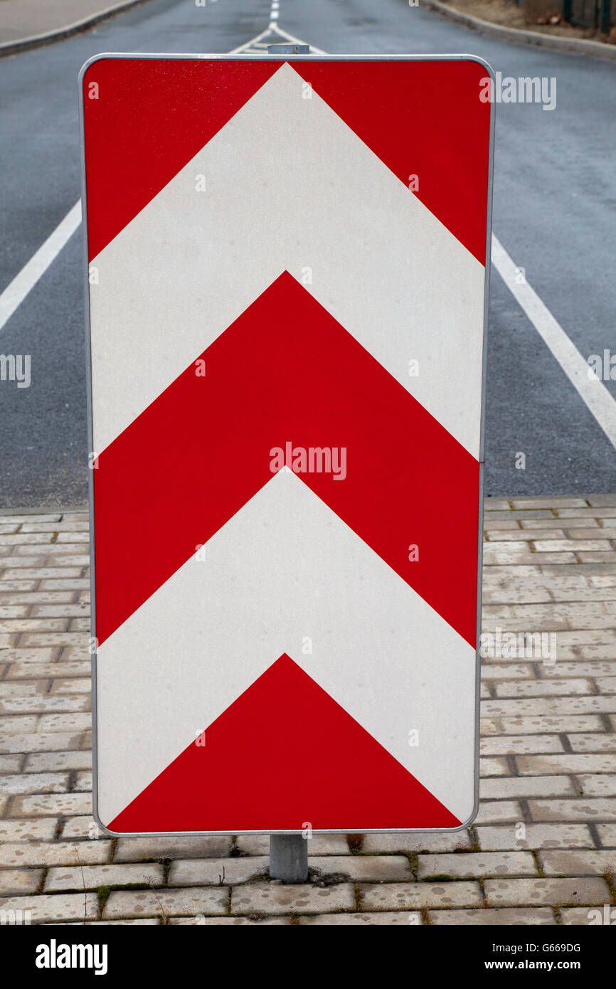 Traffic sign, red and white chevrons, warning sign, Oberhausen, Ruhr ...