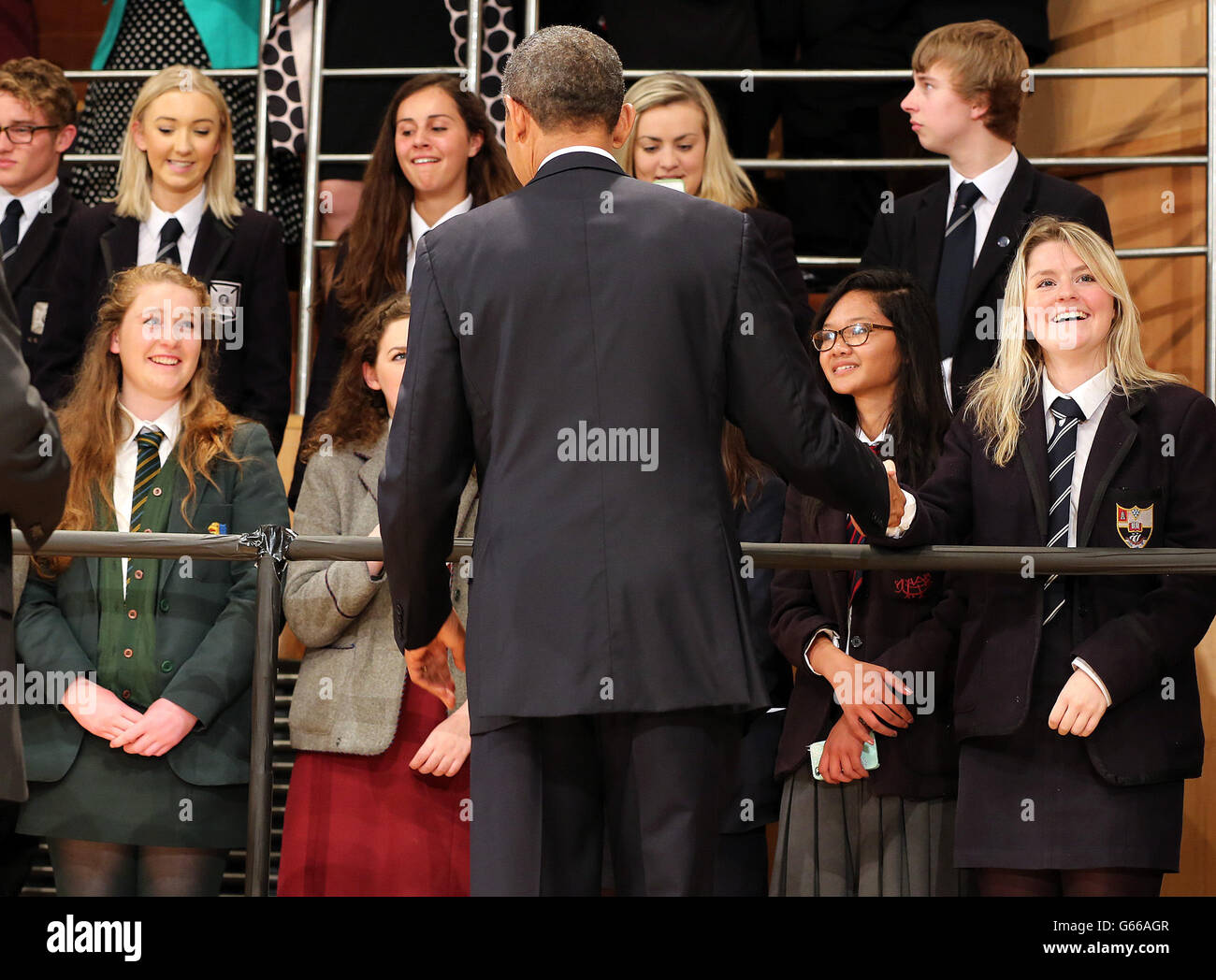 US President Barack Obama meets school children at Waterfront Hall in ...