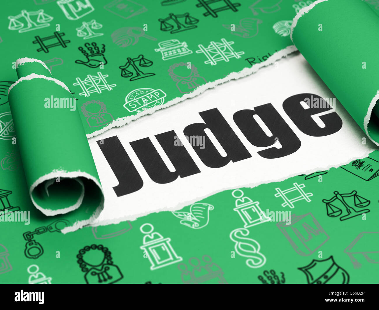 Law concept: black text Judge under the piece of torn paper Stock Photo ...