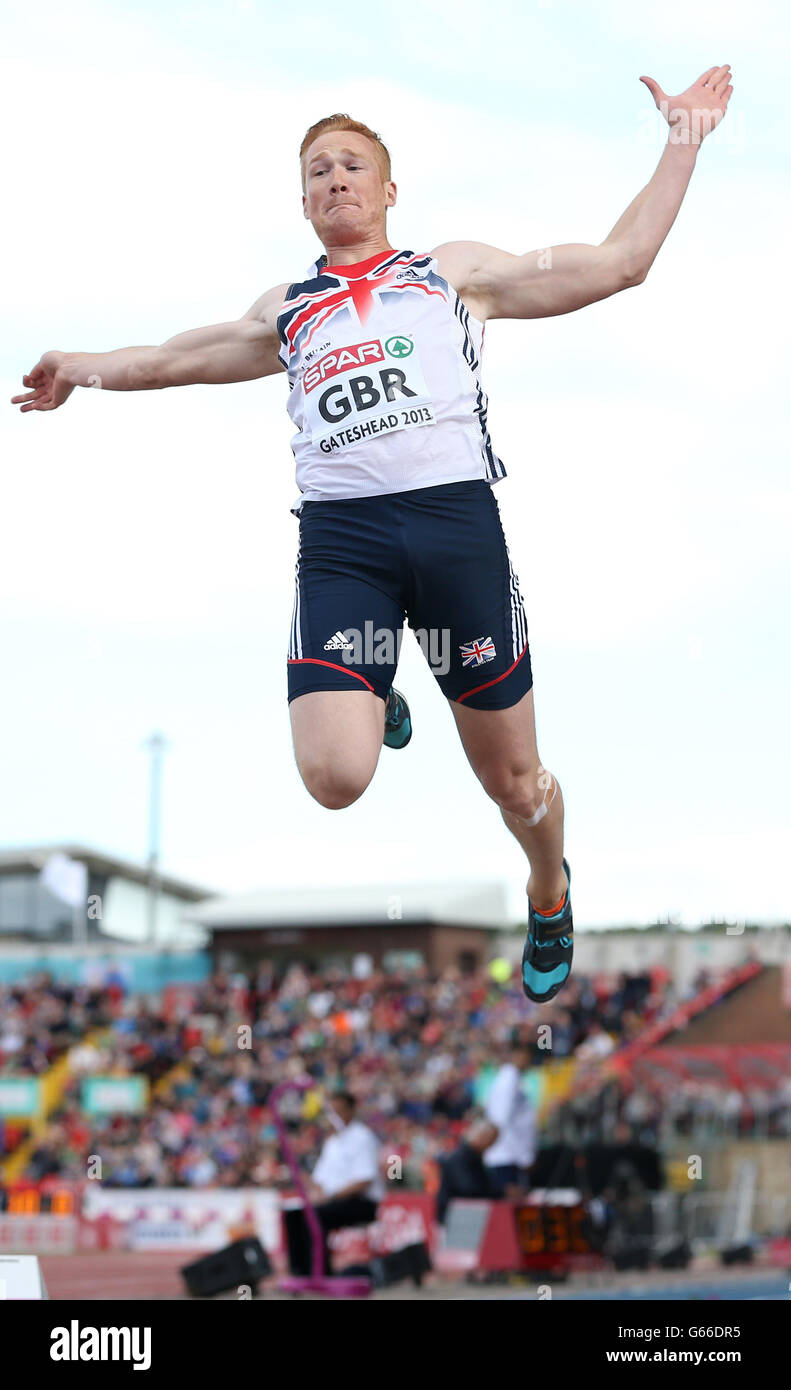 Great Britain's Greg Rutherford competes in the mens long jump during ...