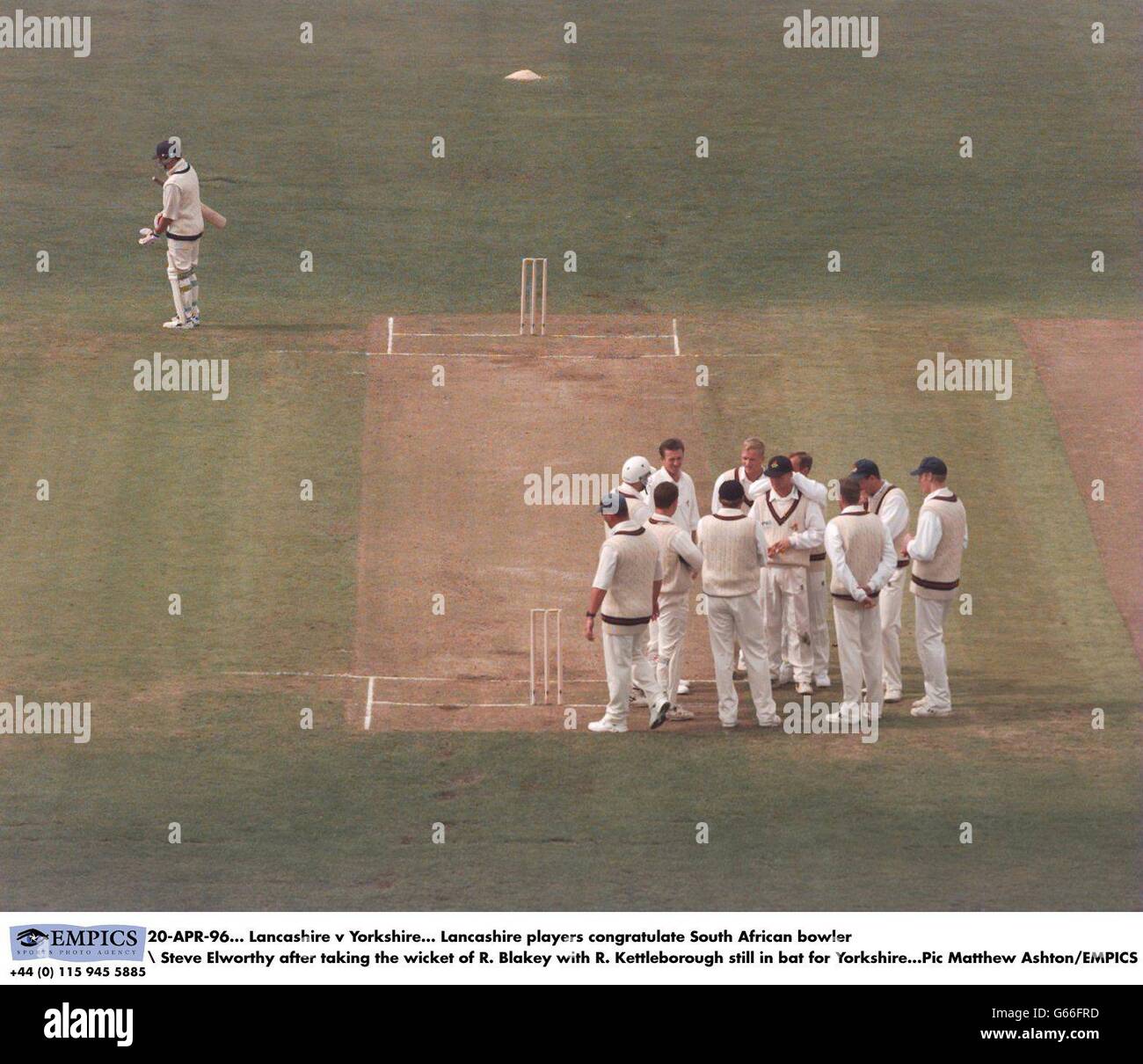 Lancashire players congratulate South African bowler Steve Elworthy ...