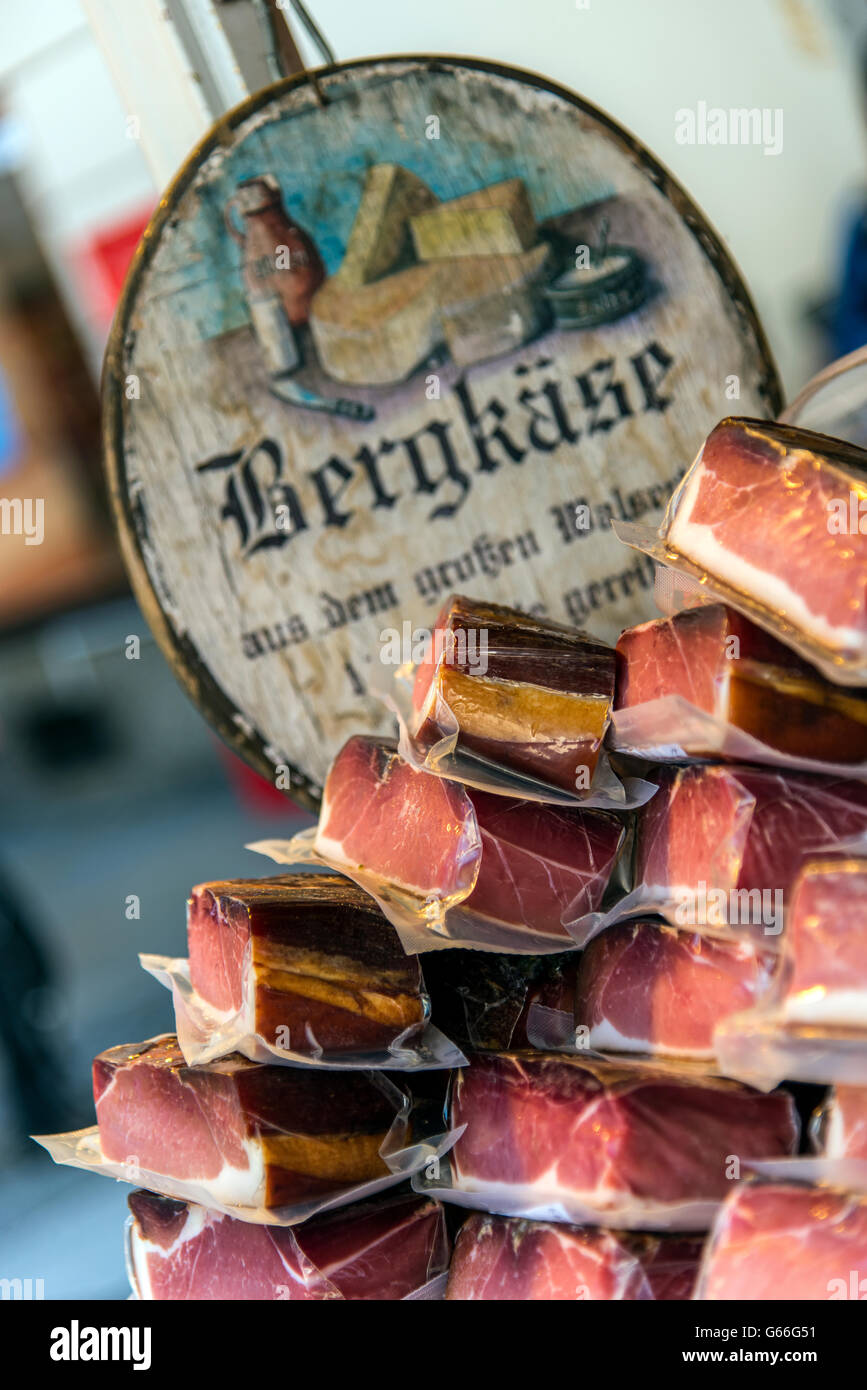 Typical Tyrolean speck ham on sale at the market, Salzburg, Austria ...