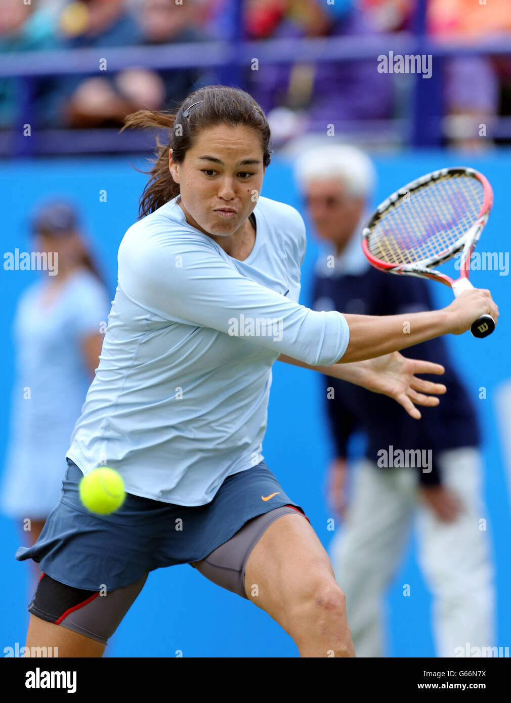 USA's Jamie Hampton in action against Denmark's Caroline Wozniacki ...