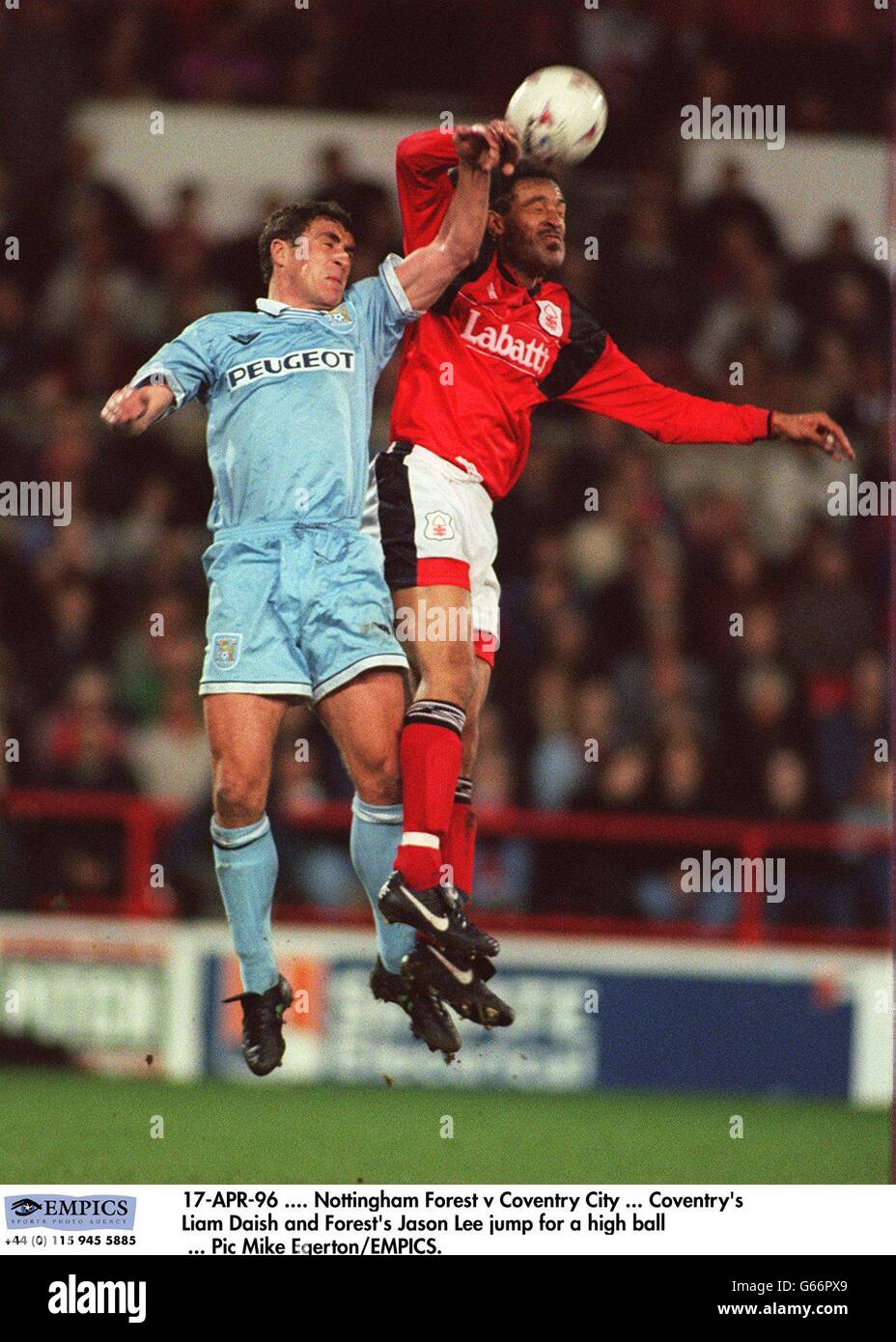 17-APR-96. Nottingham Forest v Coventry City. Coventry's Liam Daish and ...