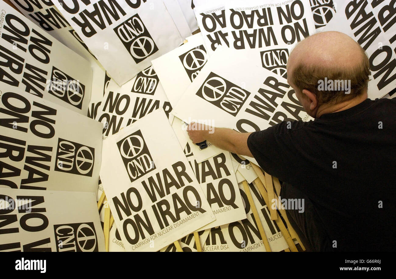 A CND worker helps to put together posters at their offices in North ...