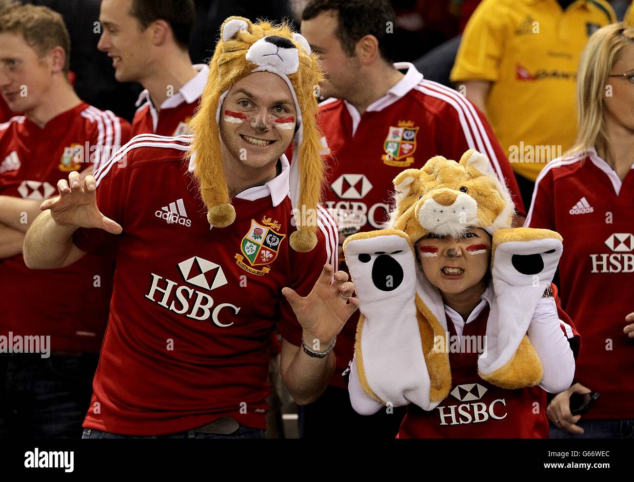 British and Irish Lions fans show their support in the stands prior to ...
