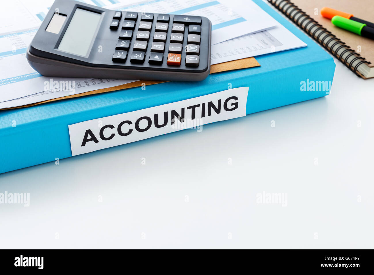 Accounting work background with calculator and financial data with ...