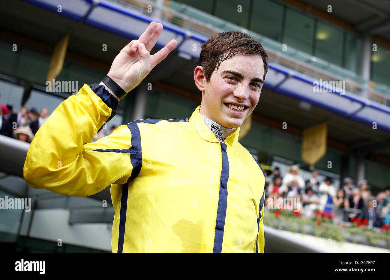 Jockey james doyle celebrates after winning on rizeena hi-res stock ...