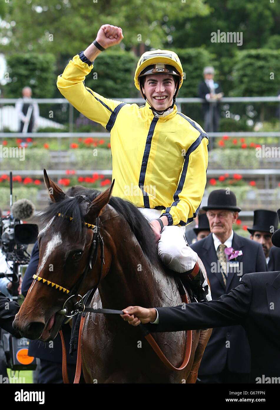 Jockey James Doyle celebrates after winning the Queen Mary Stakes on ...