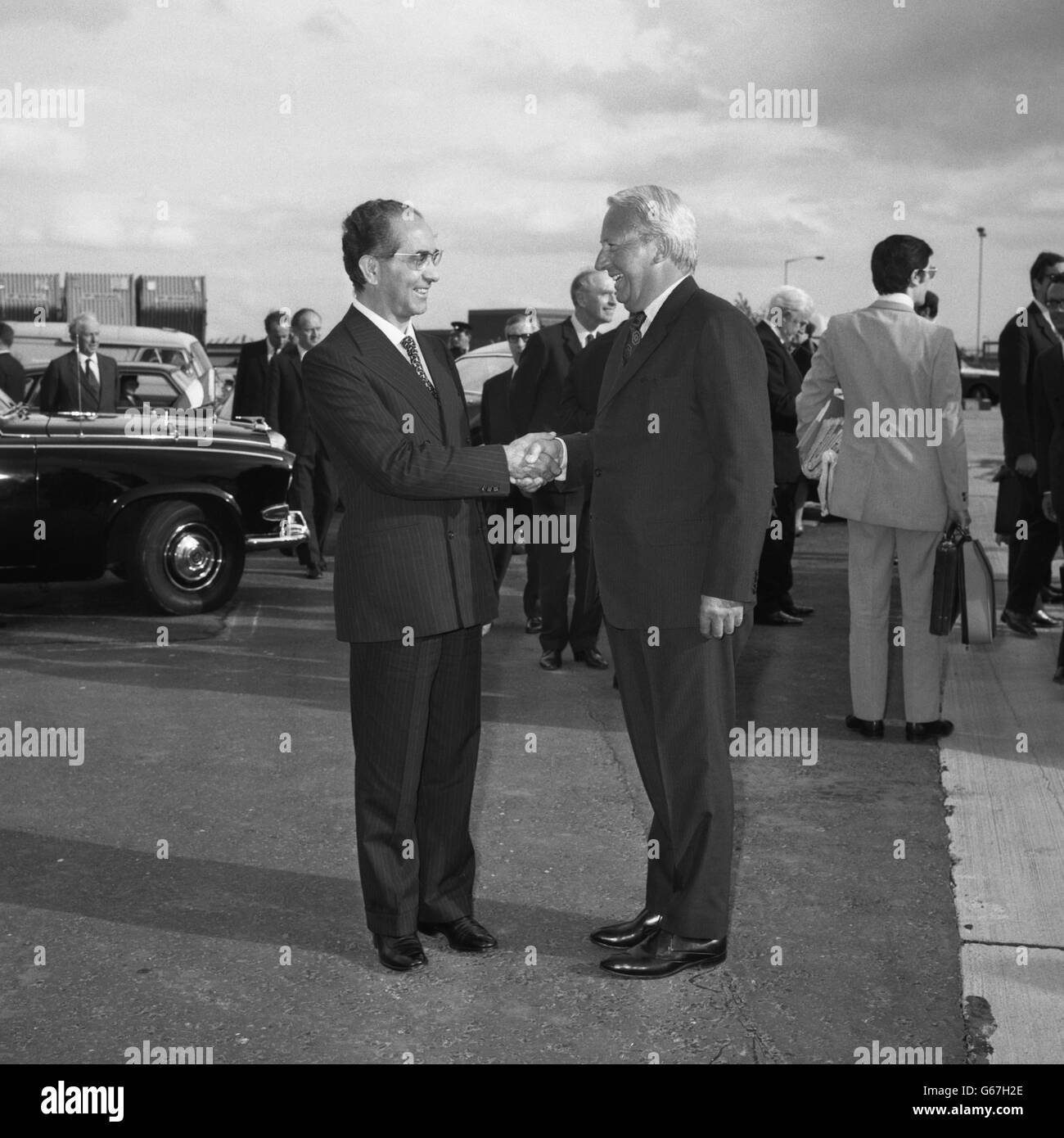 Italian Prime Minister Emilio Colombo is greeted at Heathrow Airport by ...