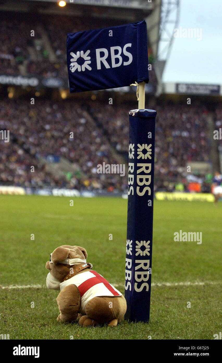 An England mascot sits on the touch line during the RBS 6 Nations game ...