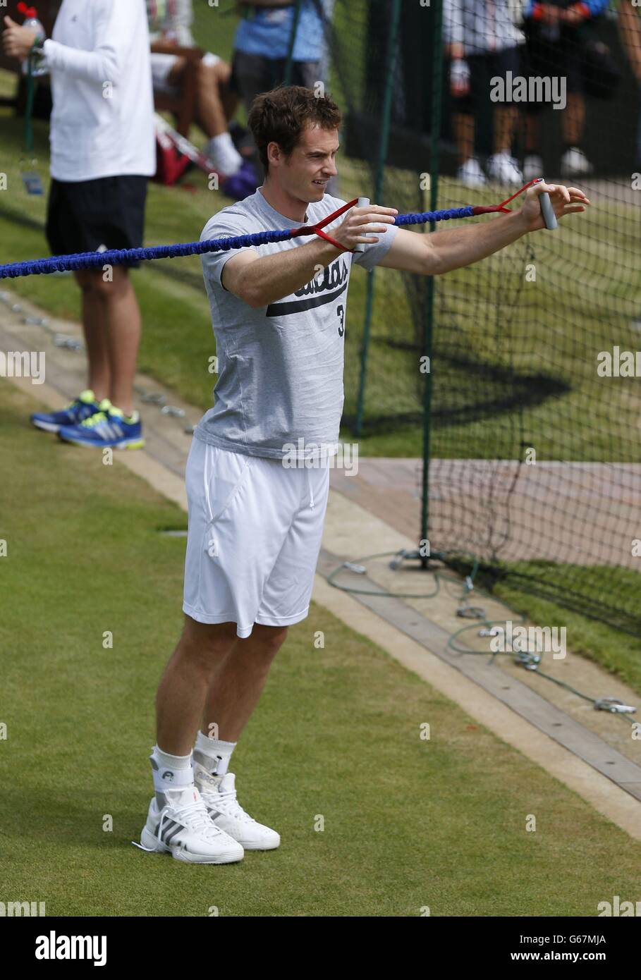 Great Britain's Andy Murray stretches during a practice session during ...