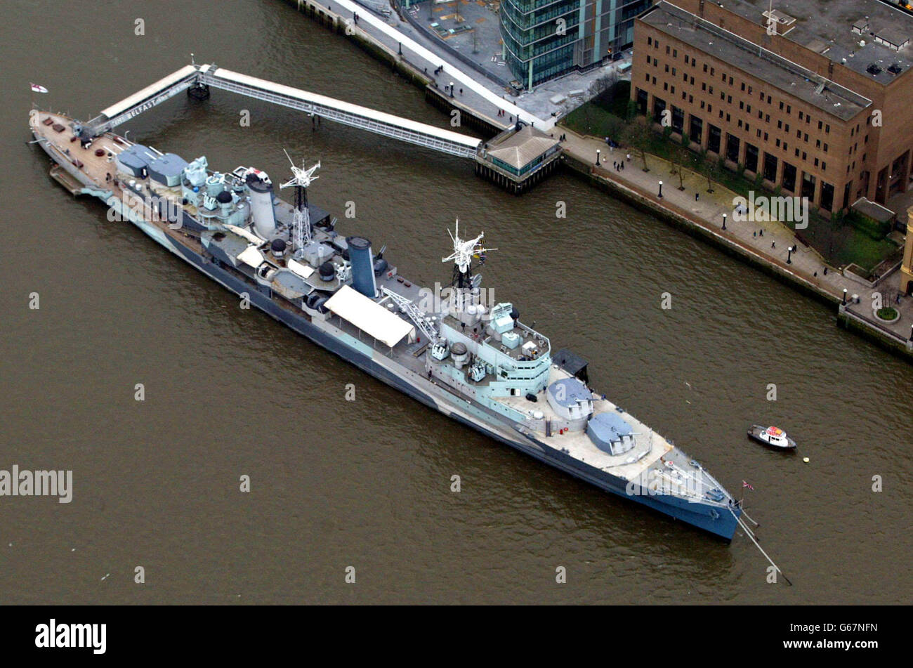 Aerial view of HMS Belfast moored on the Thames in central London Stock ...