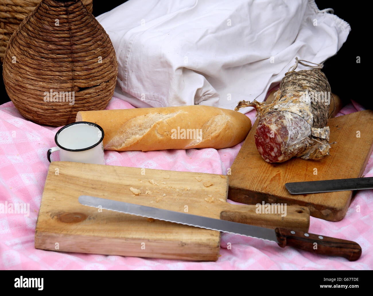outdoor picinc with salami, fragrant bread and sandwiches Stock Photo ...