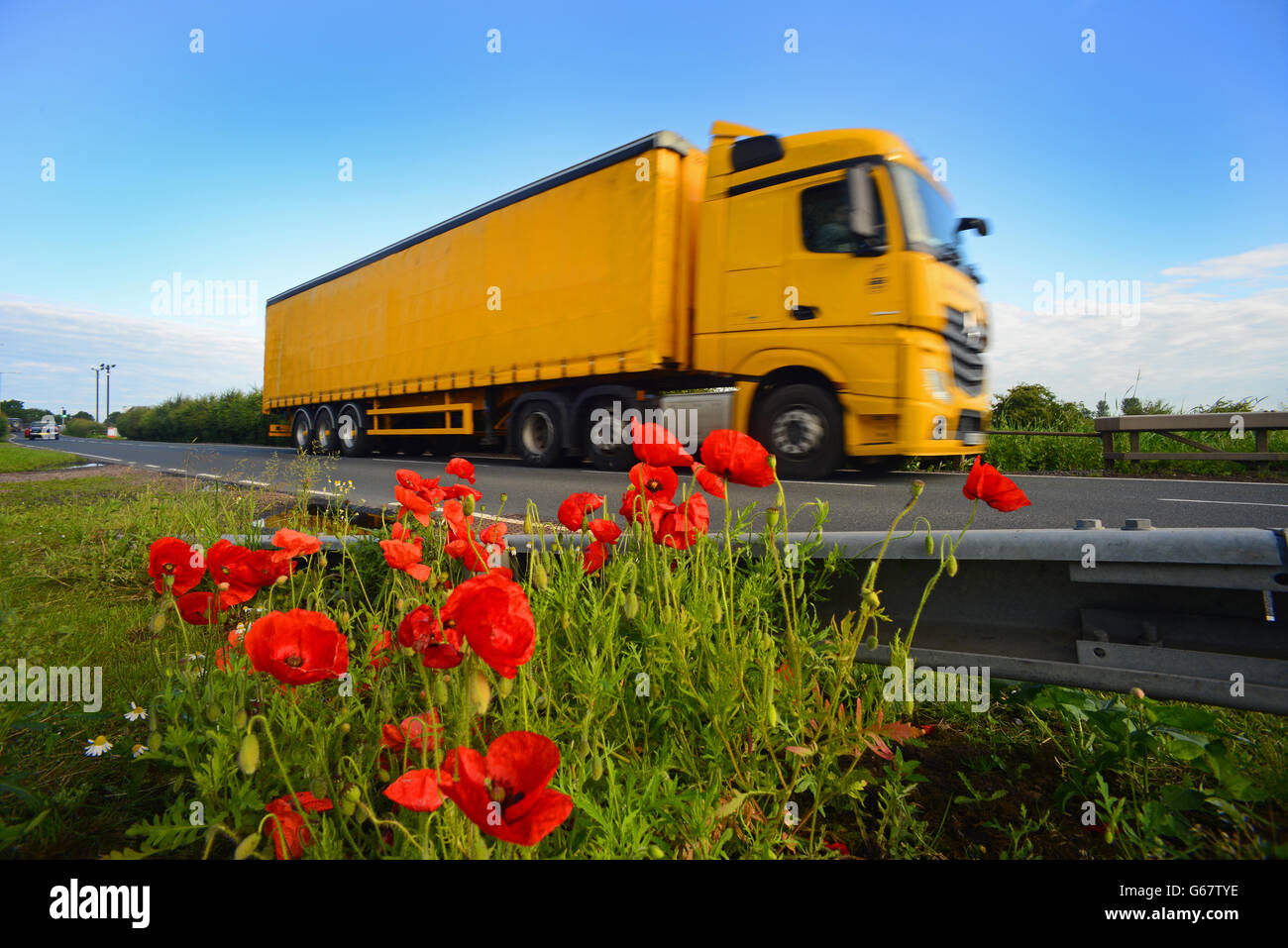 lorry passing roadside poppies at bubwith yorkshire united kingdom ...