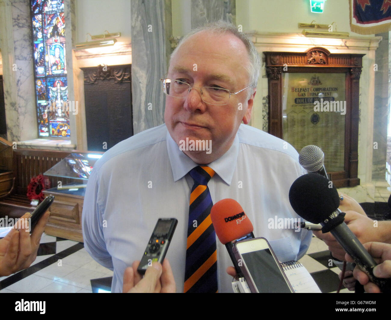 Orange Order chaplain Mervyn Gibson speaking to the media in Belfast ...