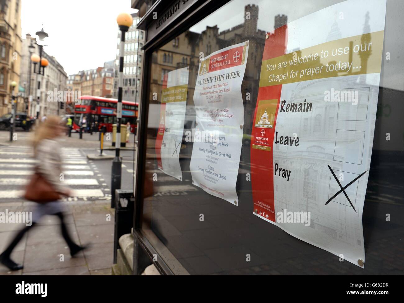 Posters on the wall of a polling station at Methodist Central Hall in ...