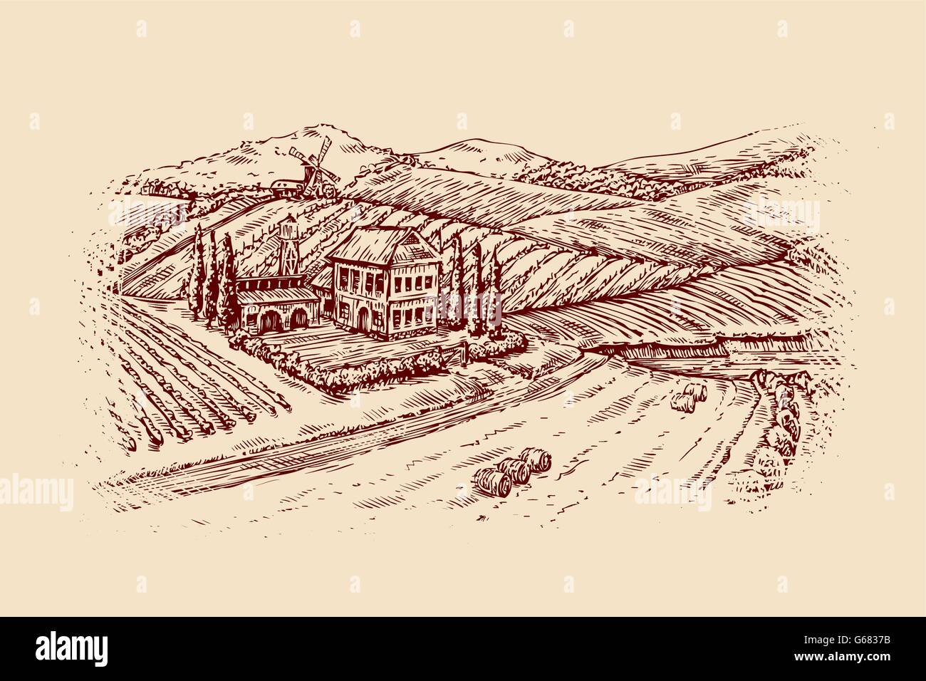 Italy. Italian landscape. Hand-drawn sketch vintage vineyard, farm. Vector illustration Stock ...