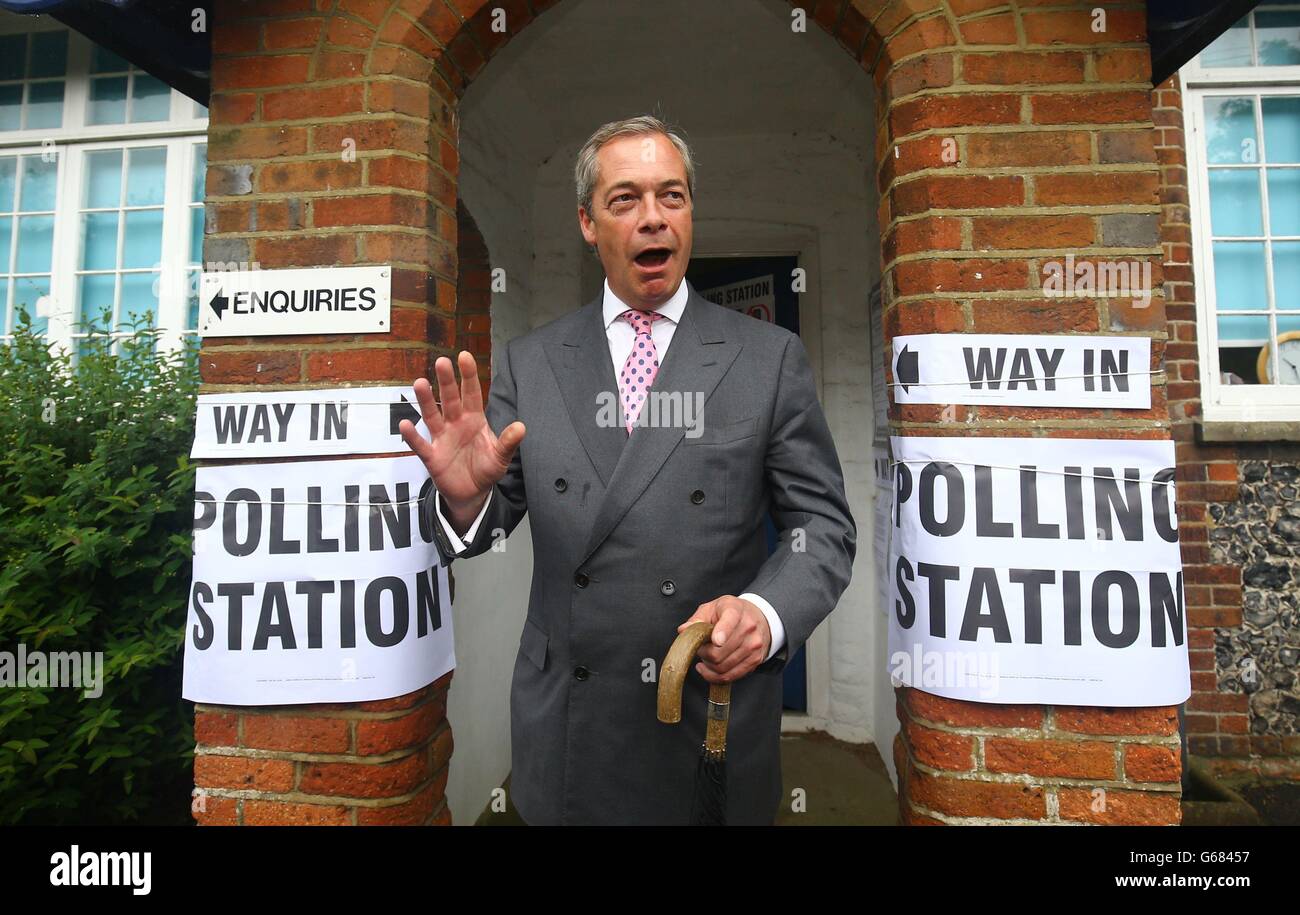 Ukip leader Nigel Farage arrives to cast his vote at Cudham Church of ...