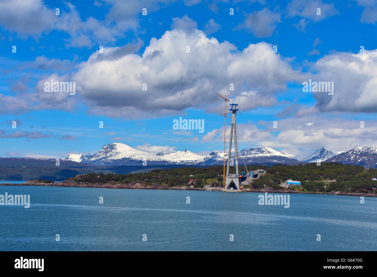 Pillar of new bridge being built at Narvik blue sky with snowy ...