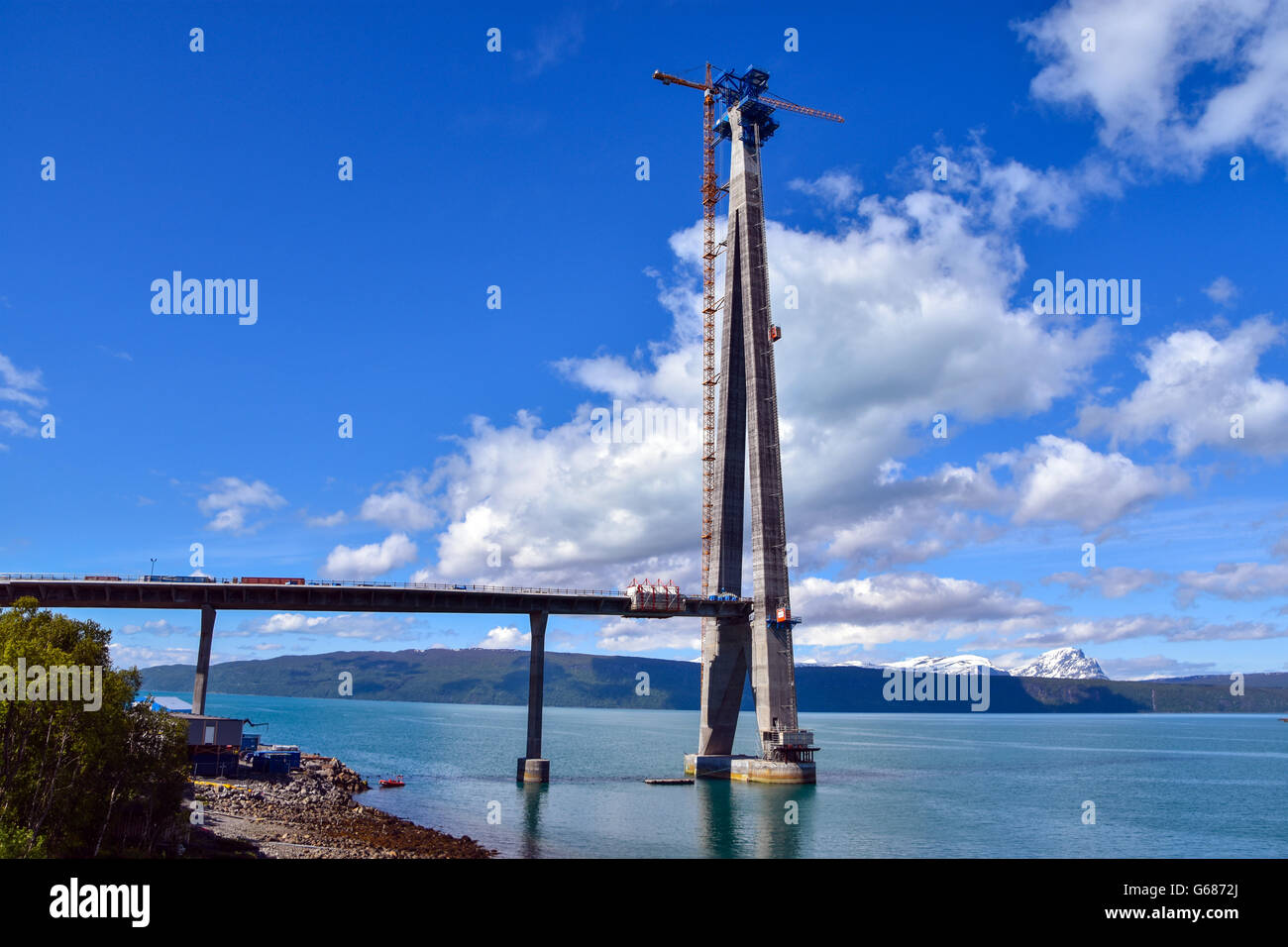Pillar of new bridge being built at Narvik blue sky with snowy ...