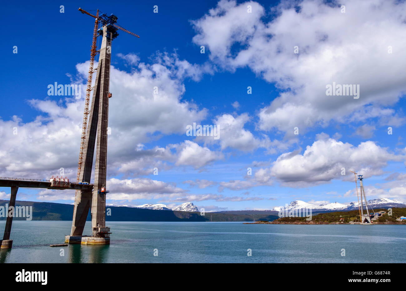 Pillar of new bridge being built at Narvik blue sky with snowy ...