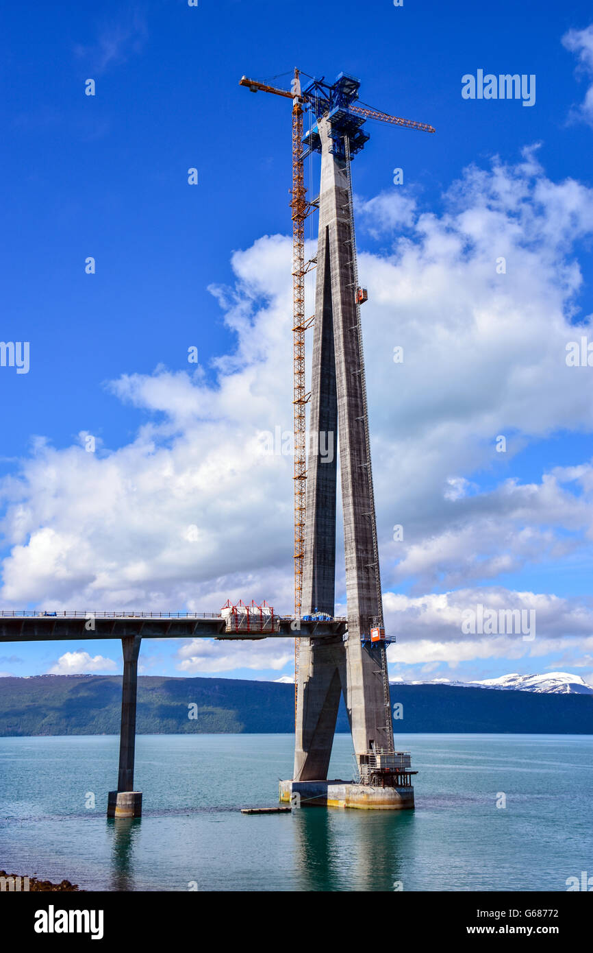 Pillar of new bridge being built at Narvik blue sky with snowy ...
