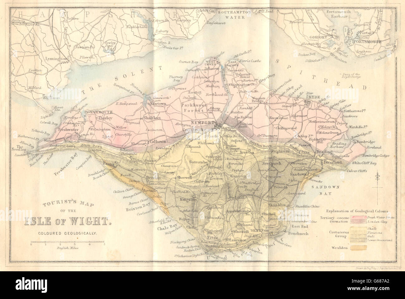 ISLE OF WIGHT GEOLOGICAL: Tourist's map. Geology. Hand coloured, 1864 ...