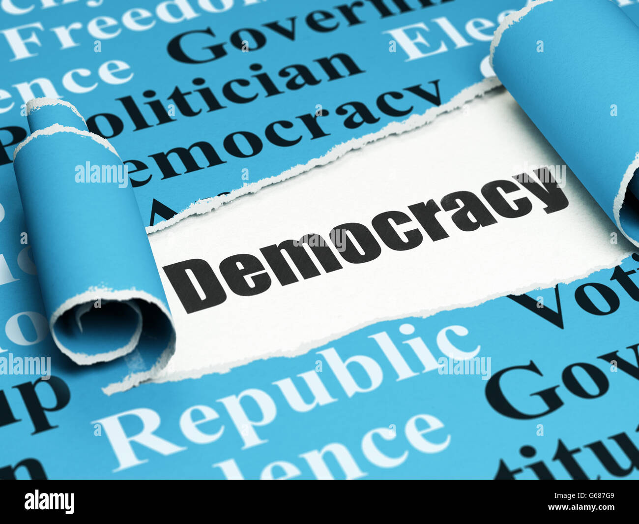 Political concept: black text Democracy under the piece of torn paper ...