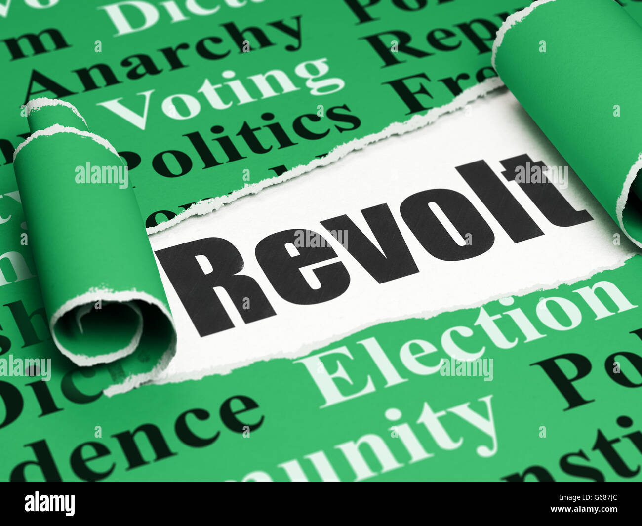 Political concept: black text Revolt under the piece of torn paper ...