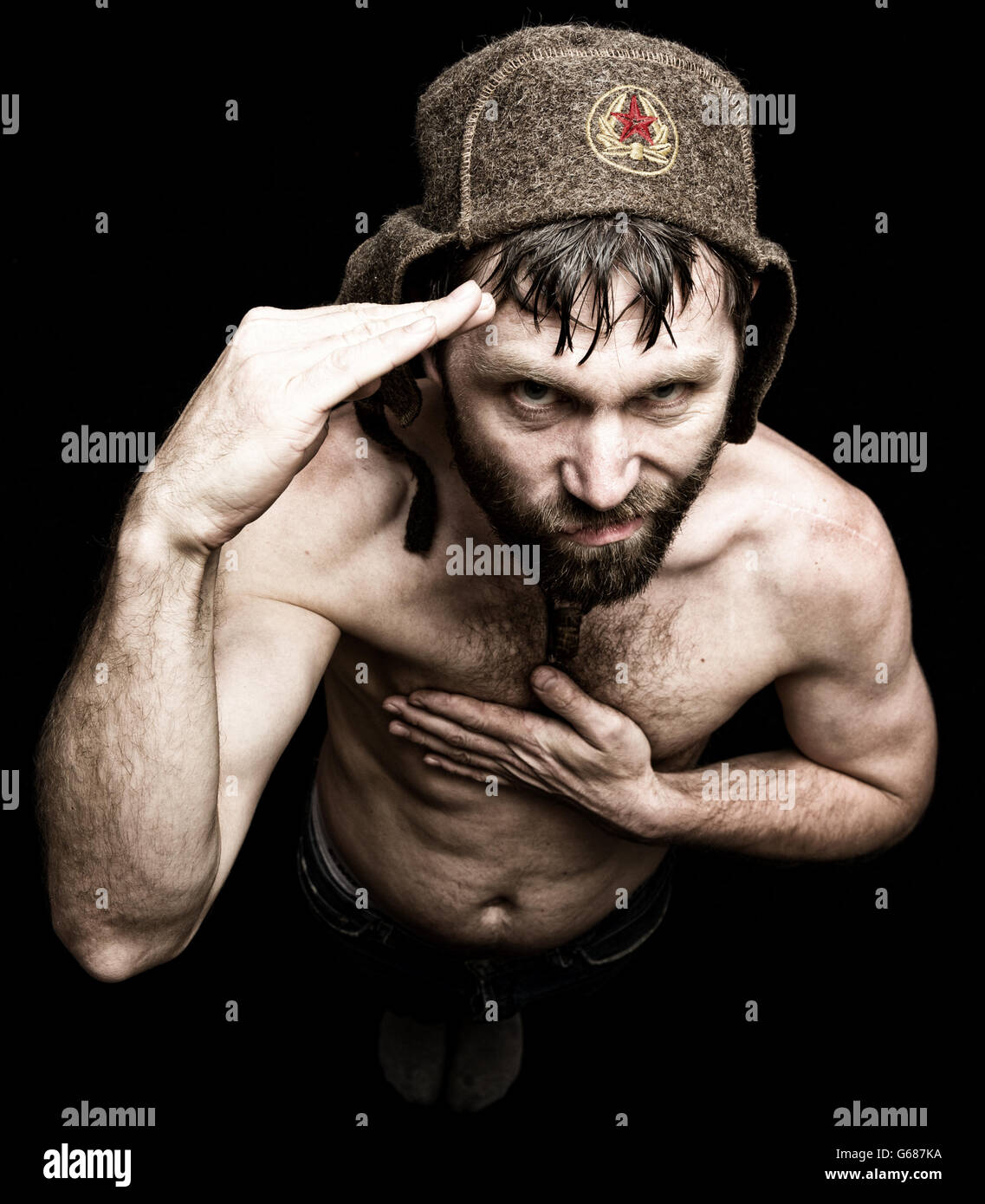 Dark portrait of scary evil sinister bearded man with smirk, makes ...