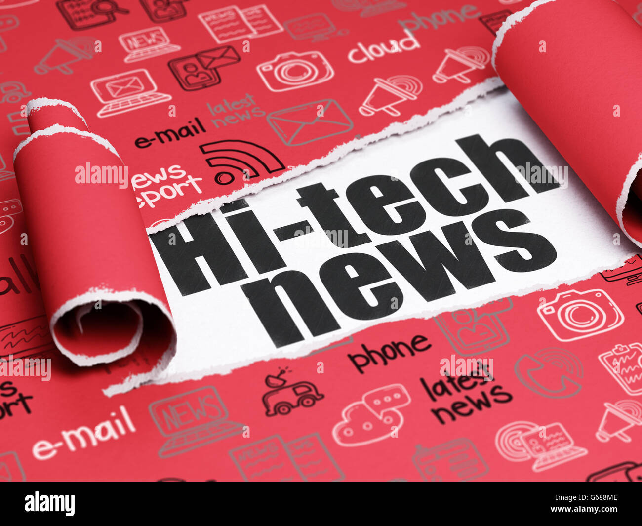 News concept: black text Hi-tech News under the piece of torn paper ...