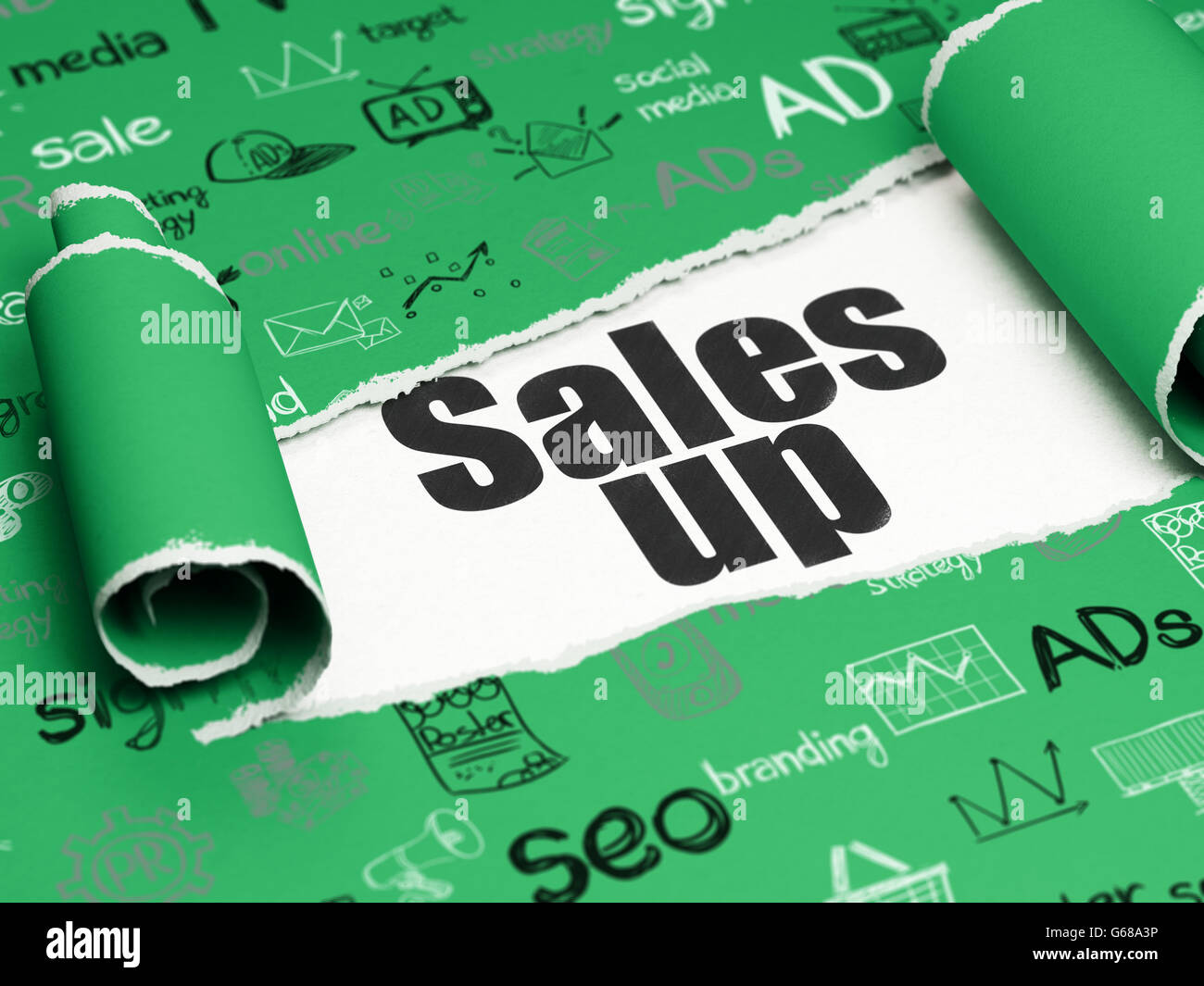 Advertising concept: black text Sales Up under the piece of torn paper ...