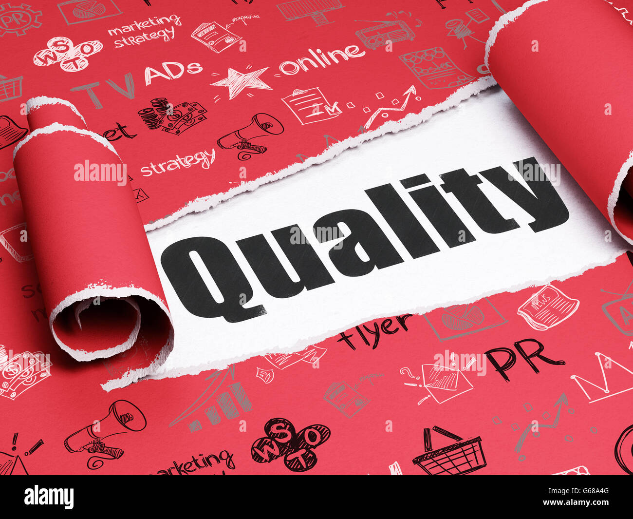 Advertising concept: black text Quality under the piece of torn paper ...
