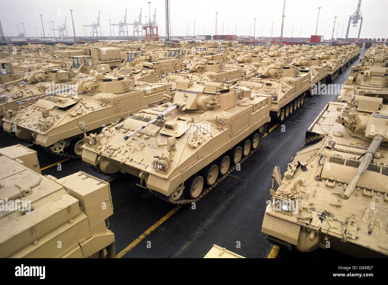 Warrior tanks in the foreground of lines of armour and equipment ...