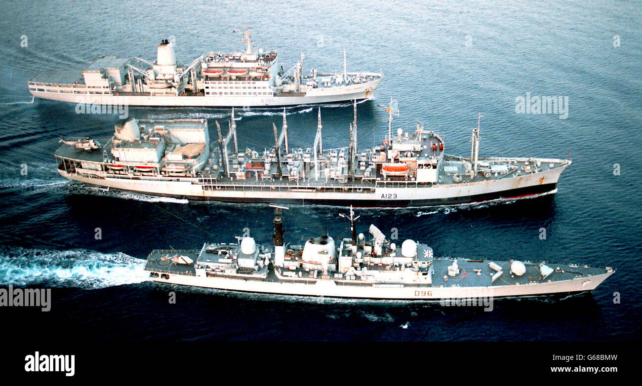 The Royal fleet auxilary tanker Olna (centre) refuels the newly arrived ...