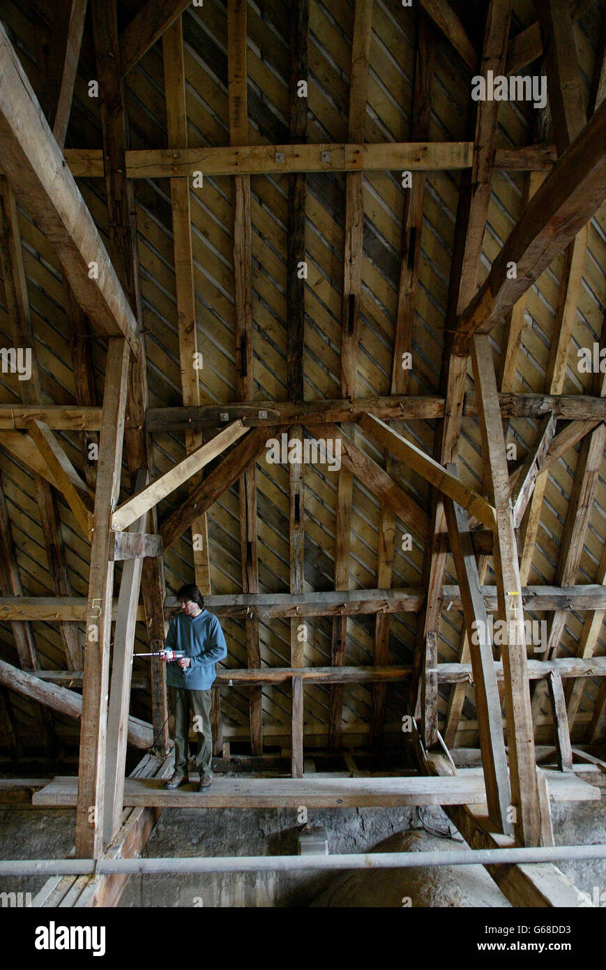 Dendrochronologist Michael Worthington takes a sample from the 13th ...