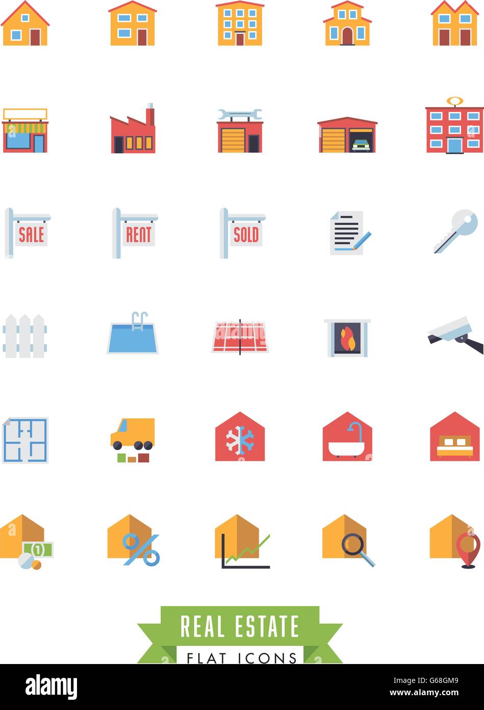 Collection of real estate flat design icons on white background Stock ...