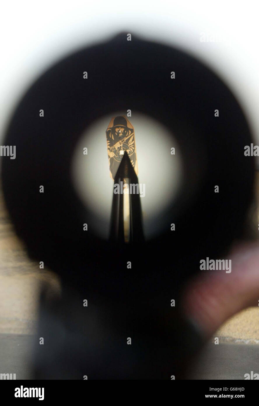 The view through a British Army SA80 rifle as Royal Marines on board ...