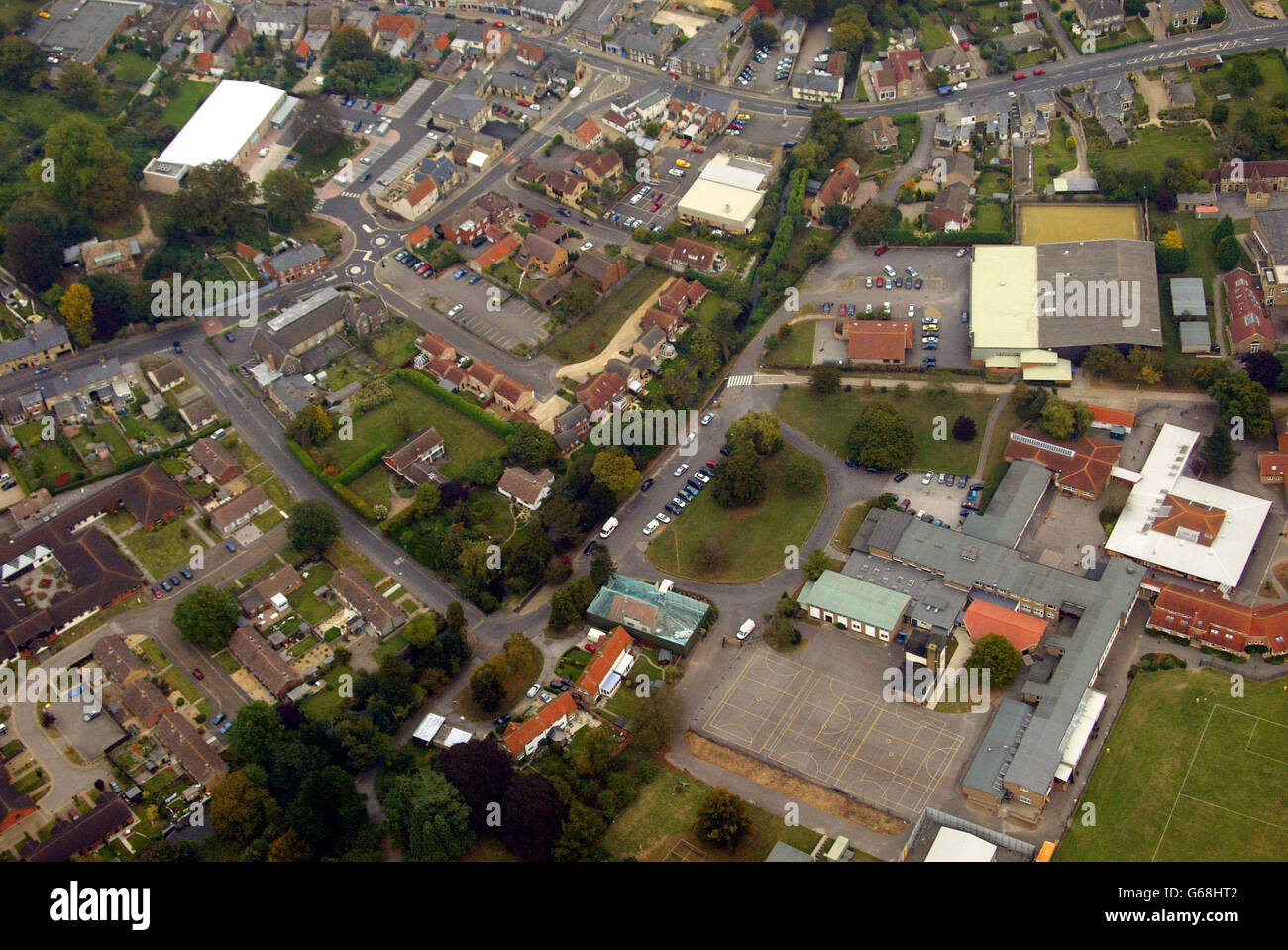 Aerial photograph of soham village college showing the school hanger hi ...