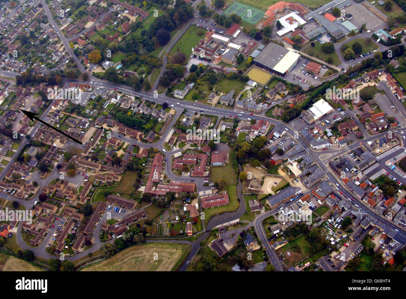 Aerial photograph of Soham showing the Village College (background) and ...