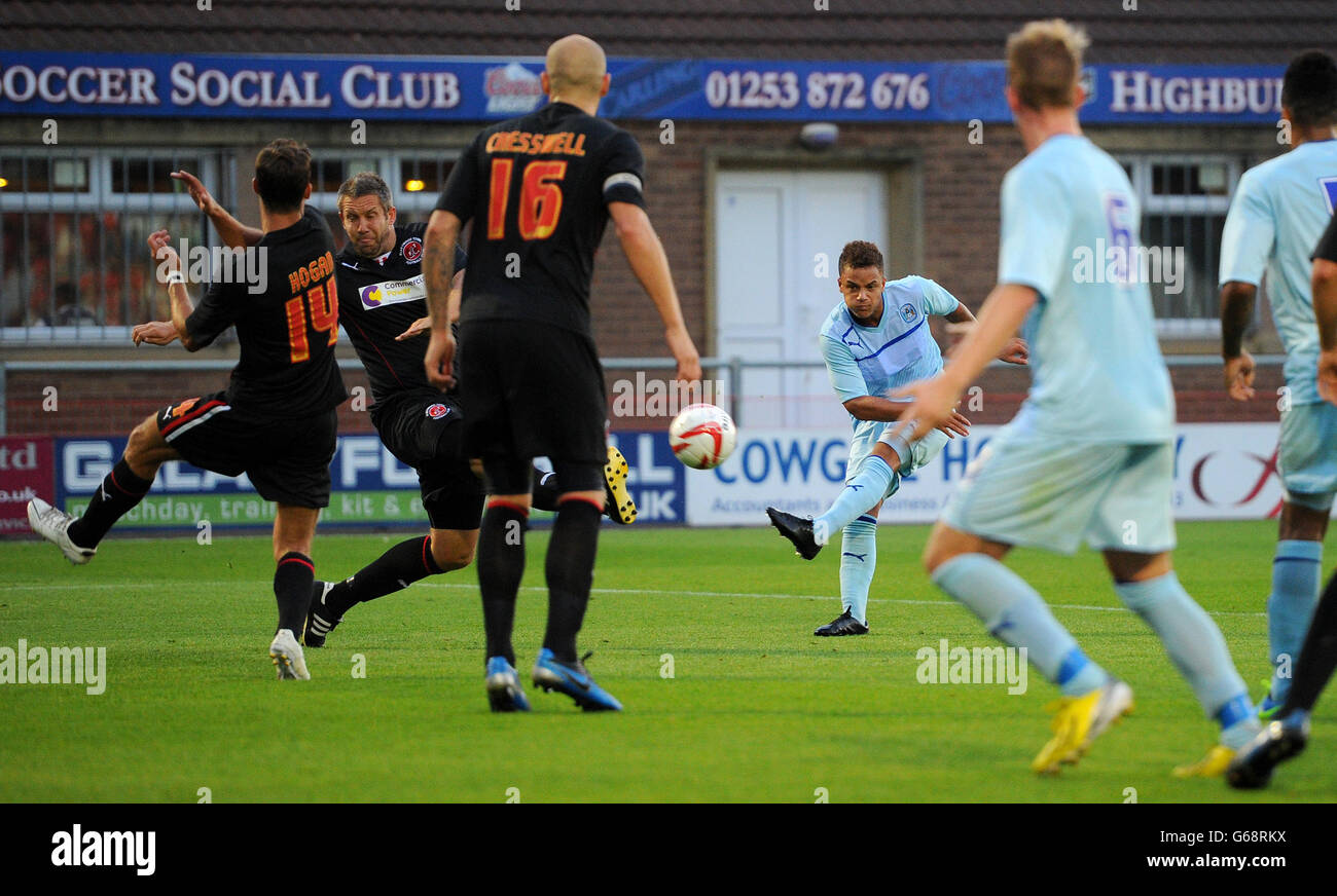 Coventry City's Louis Garner shoots against Fleetwood Town Stock Photo ...