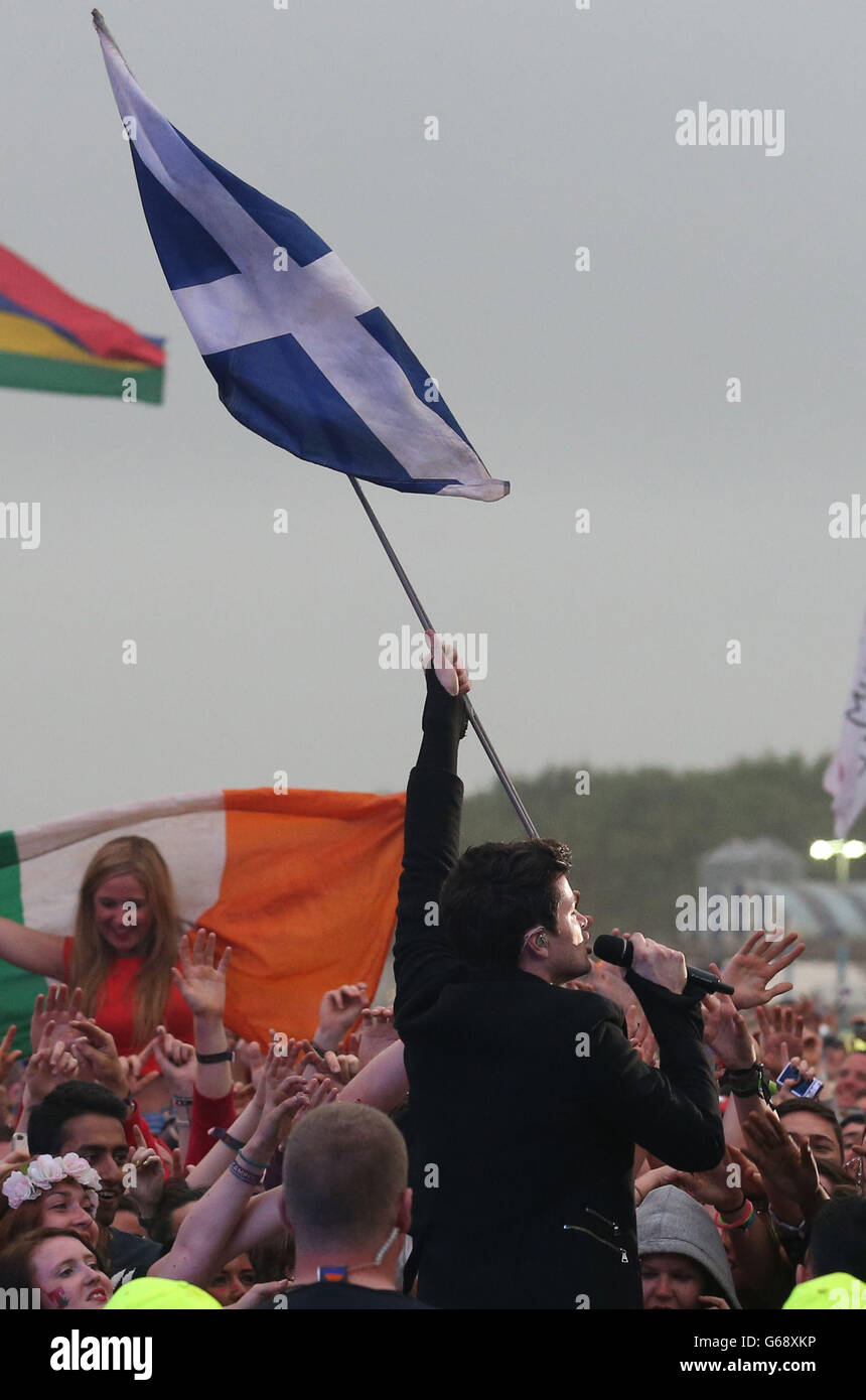 Danny from The Script goes into the crowd at the main stage during the ...