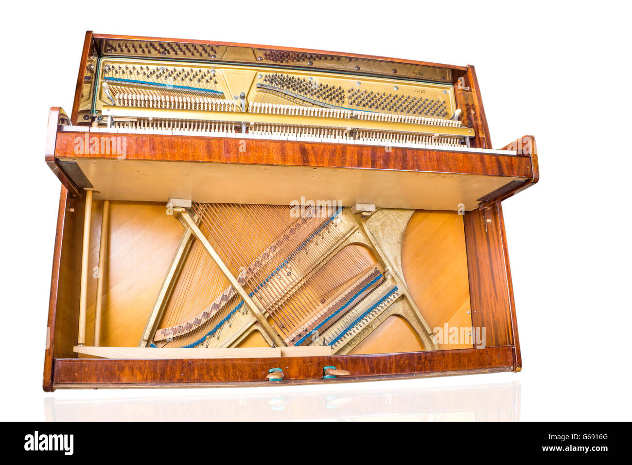 Opened upright piano isolated on white, bottom view Stock Photo - Alamy