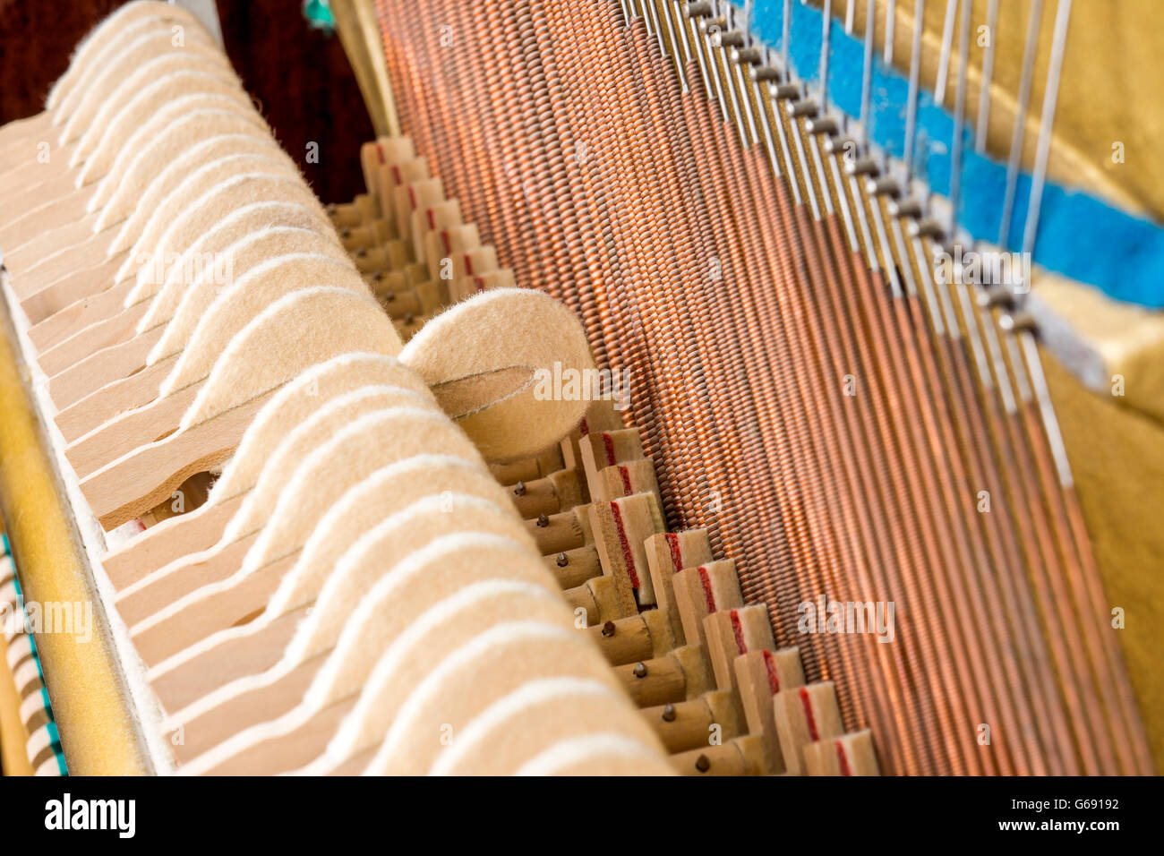 Pattern of hammers and strings inside piano, close up. One hummer in ...