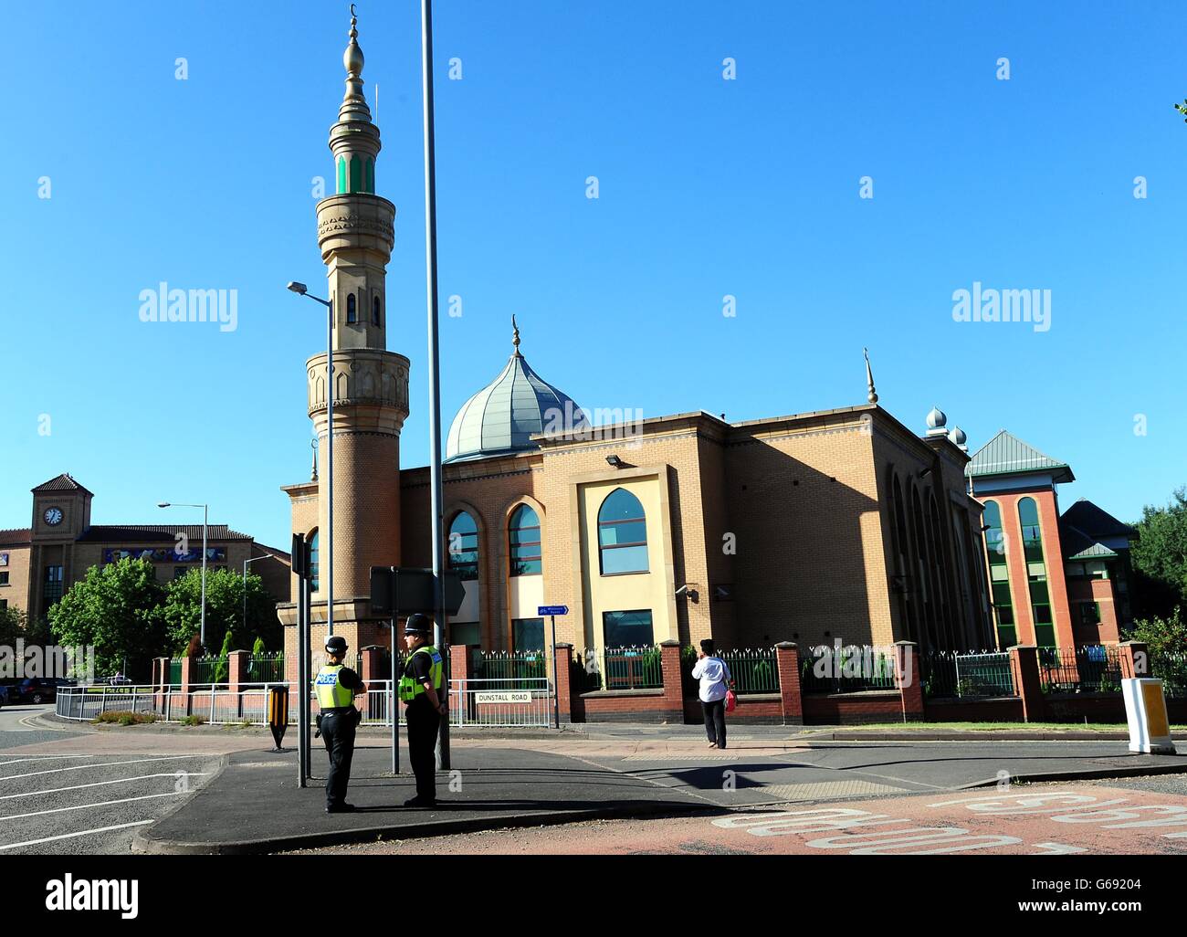 General view of Wolverhampton Central Mosque, West Midlands. Two men ...